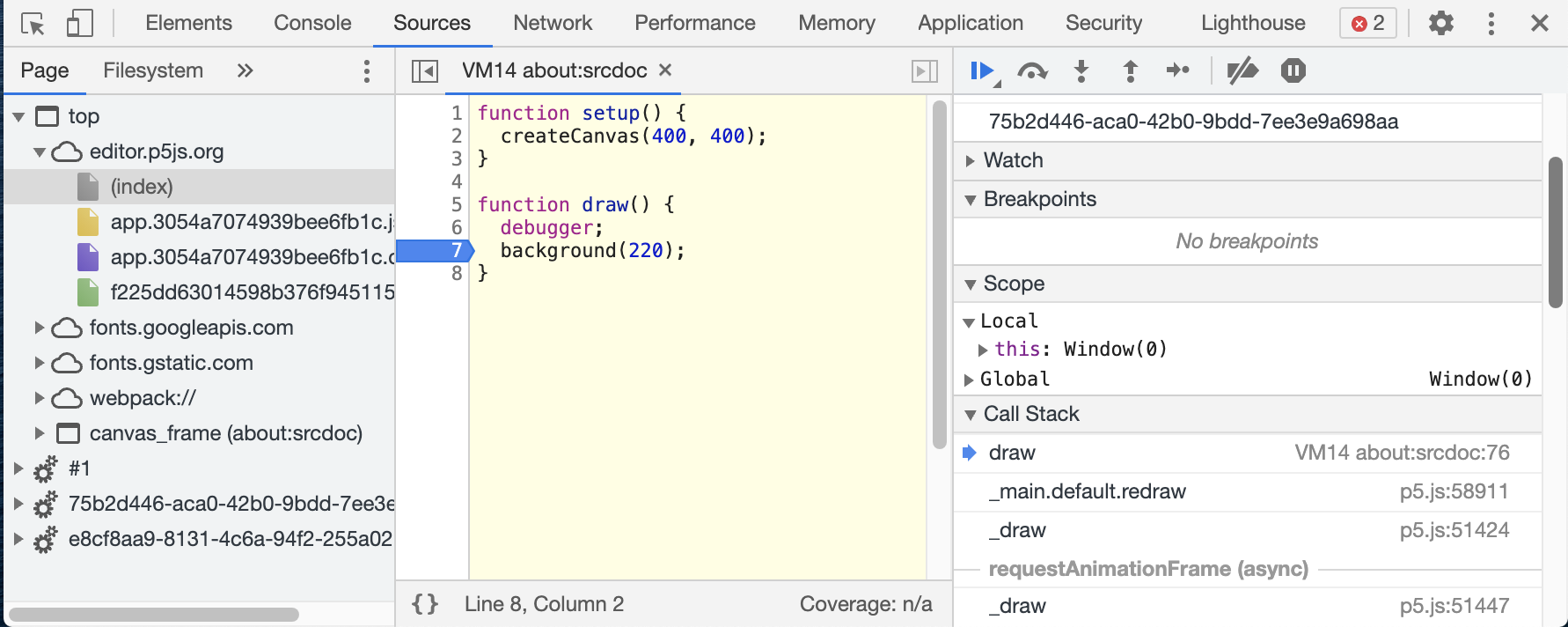 P5js Web Editor Does Not Work With Chrome Dev Tools · Issue 1853 · Processingp5js Web